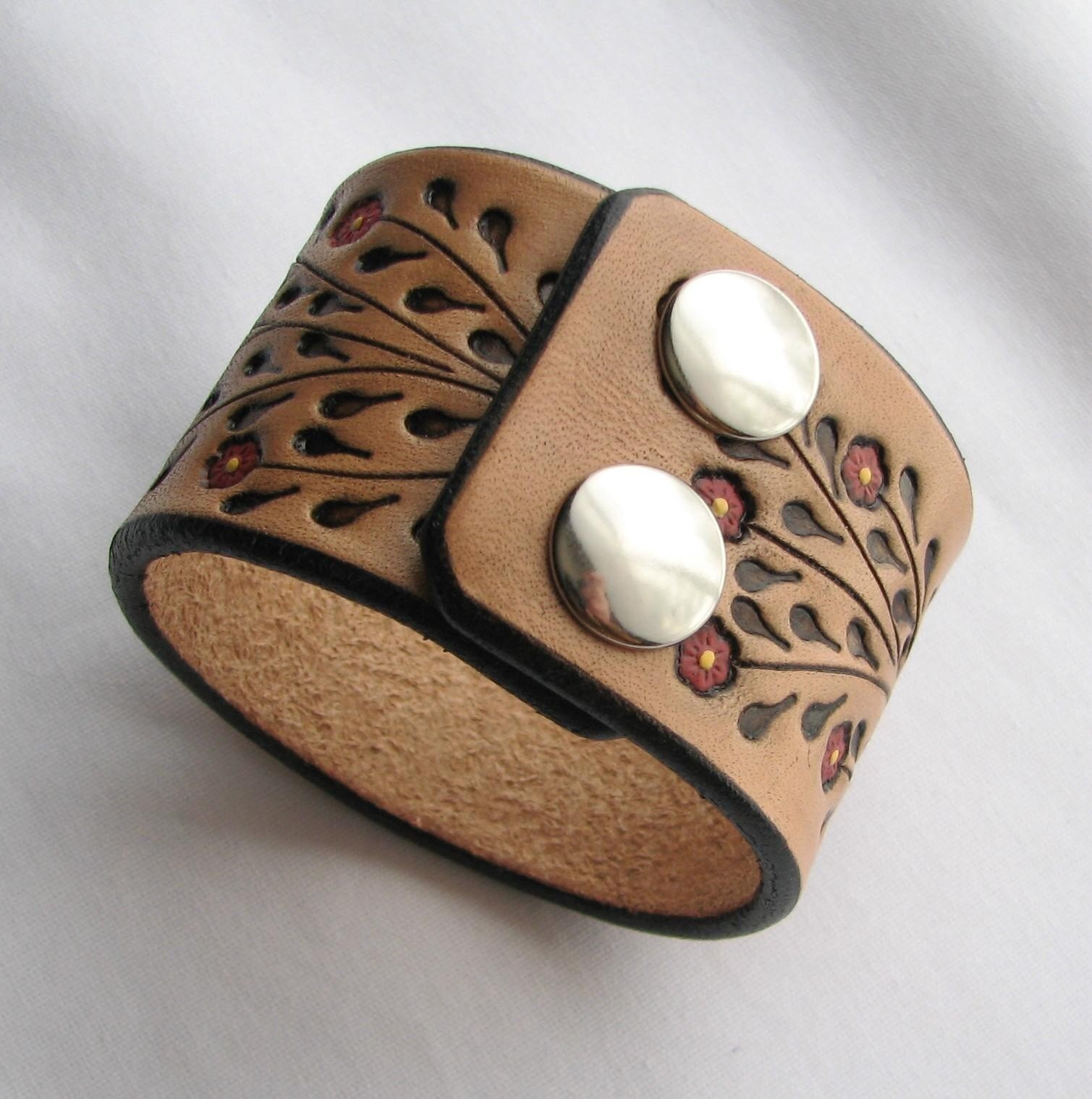Leather Wristband Bracelet W Little Red Flowers Hand Tooled - Etsy