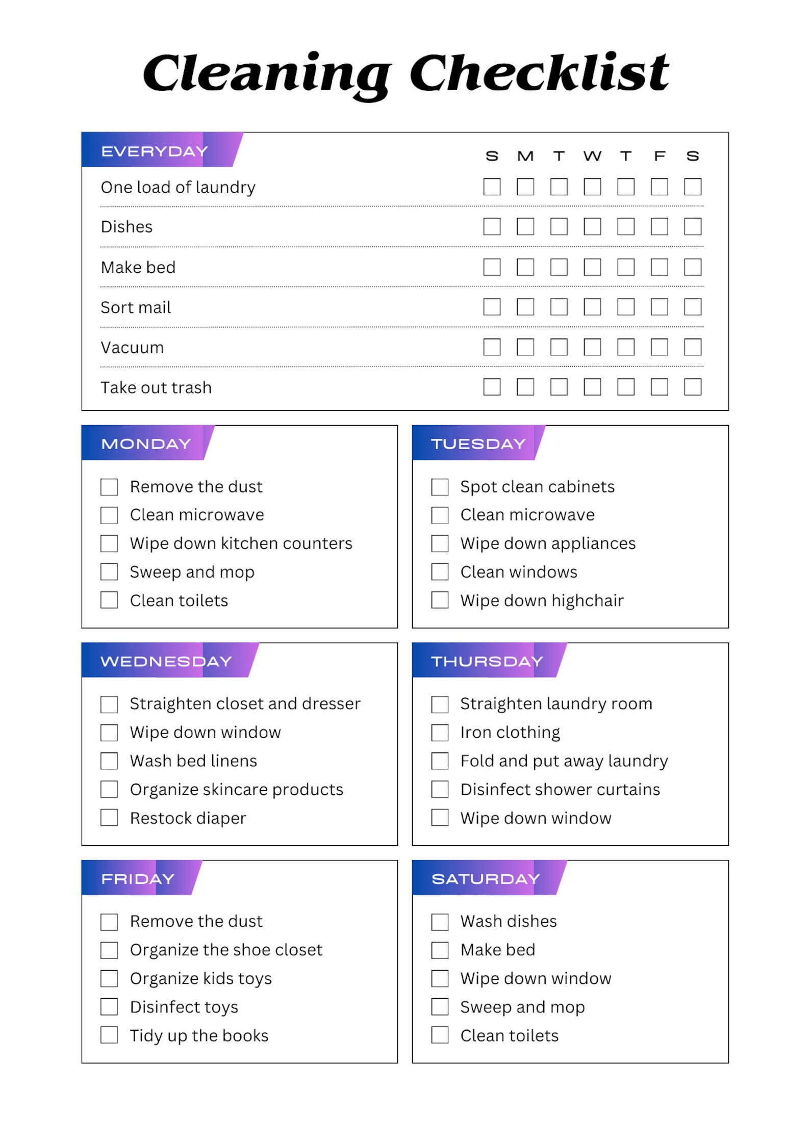 Simple Cleaning Checklist - Etsy