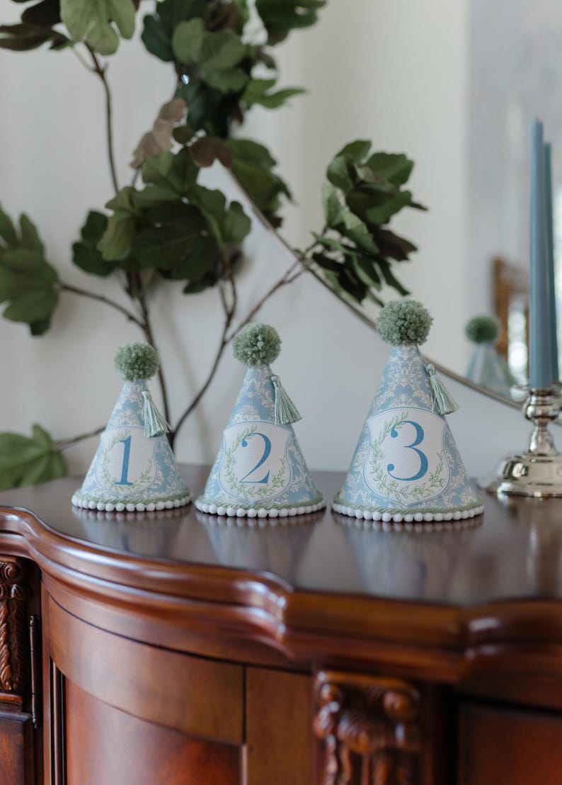 Personalized First Birthday Party Hat - Blue & White Heirloom Keepsake ...