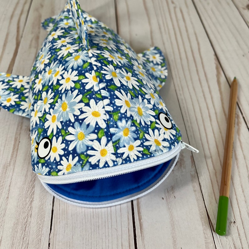 Blue Floral Whale Shark Pencil Case White Daisy Pouch Shark - Etsy