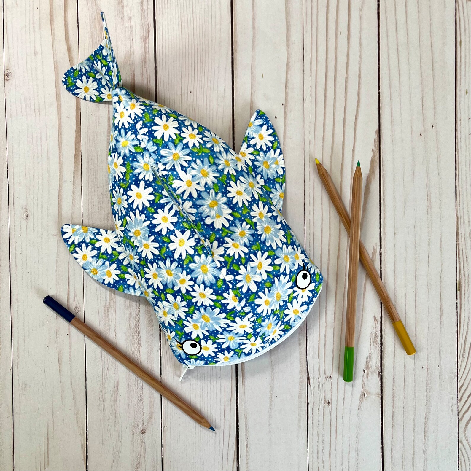 Blue Floral Whale Shark Pencil Case White Daisy Pouch Shark - Etsy
