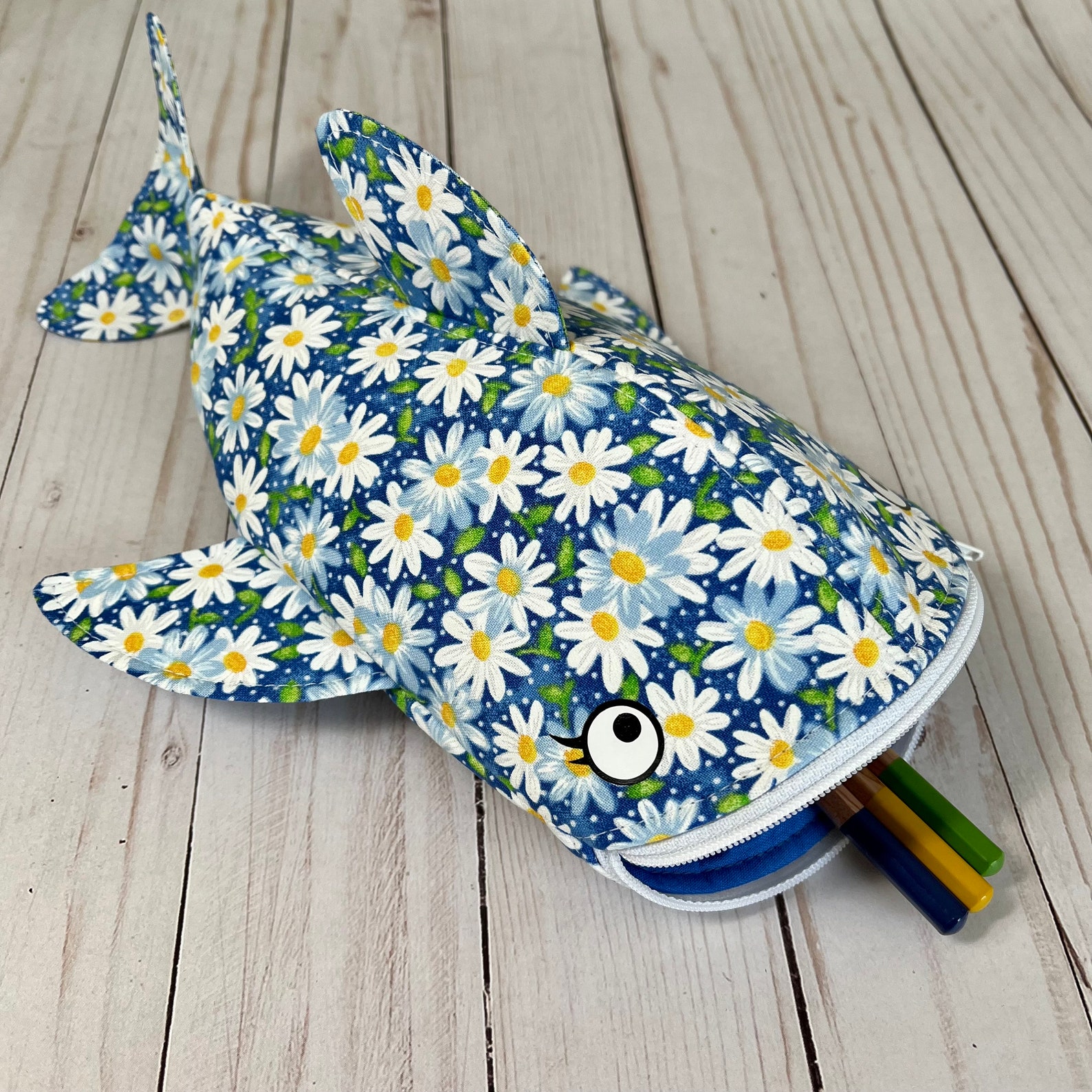 Blue Floral Whale Shark Pencil Case White Daisy Pouch Shark - Etsy
