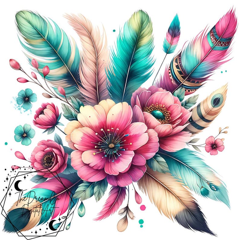 Boho Floral Clipart: Spring Feathers, Neon Pink & Teal (PNG Digital ...