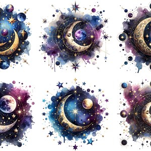 Watercolor Celestial Moon Clipart: Gothic Stars PNG (digital Download ...