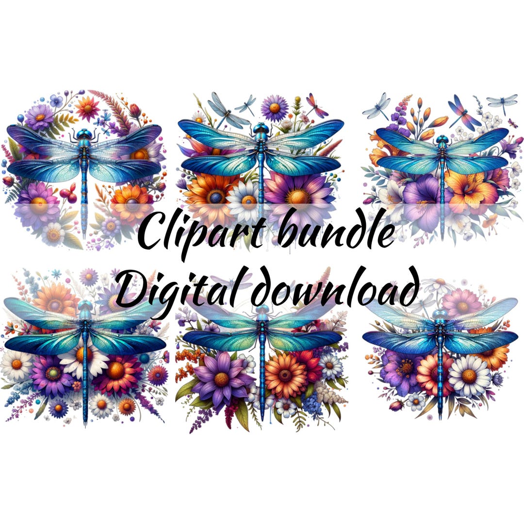 Watercolor Dragonfly Clipart Bundle: Floral PNG Set (digital Download ...