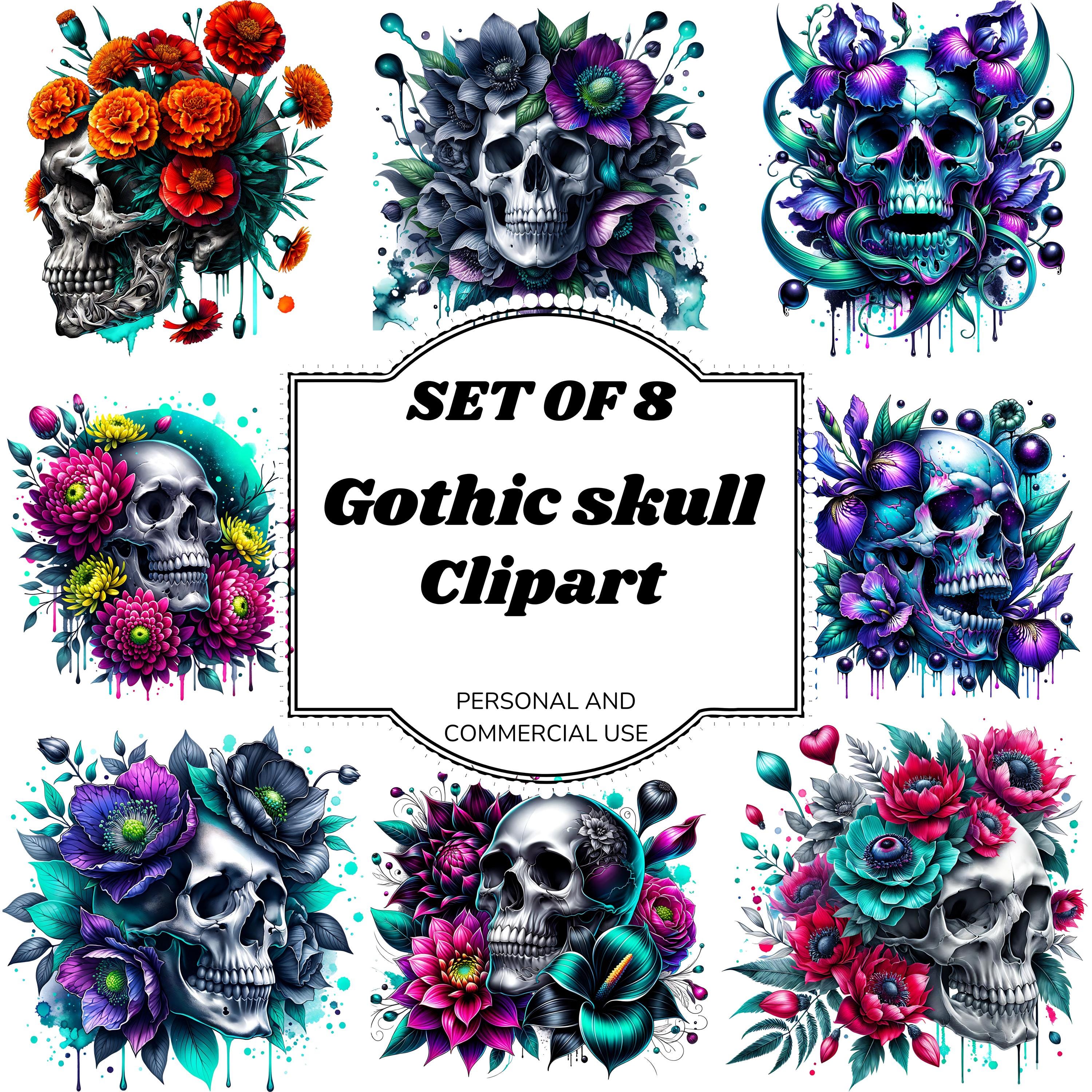 Gothic Floral Skull Clipart Set: Hand-drawn Dark Flowers (PNG, PDF ...