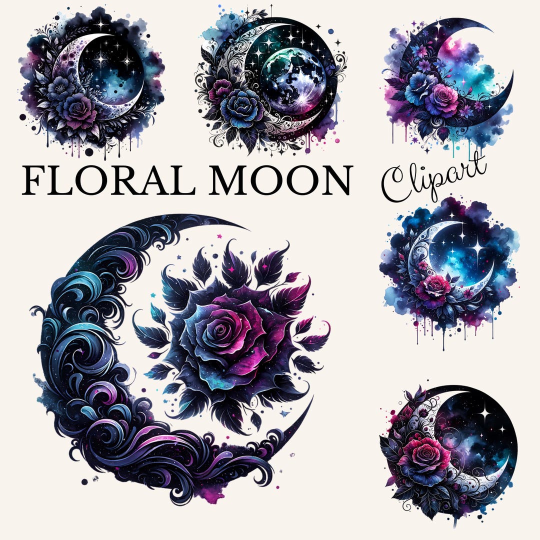 Dark Boho Floral Crescent Moon Clipart: Watercolor Sublimation Bundle ...
