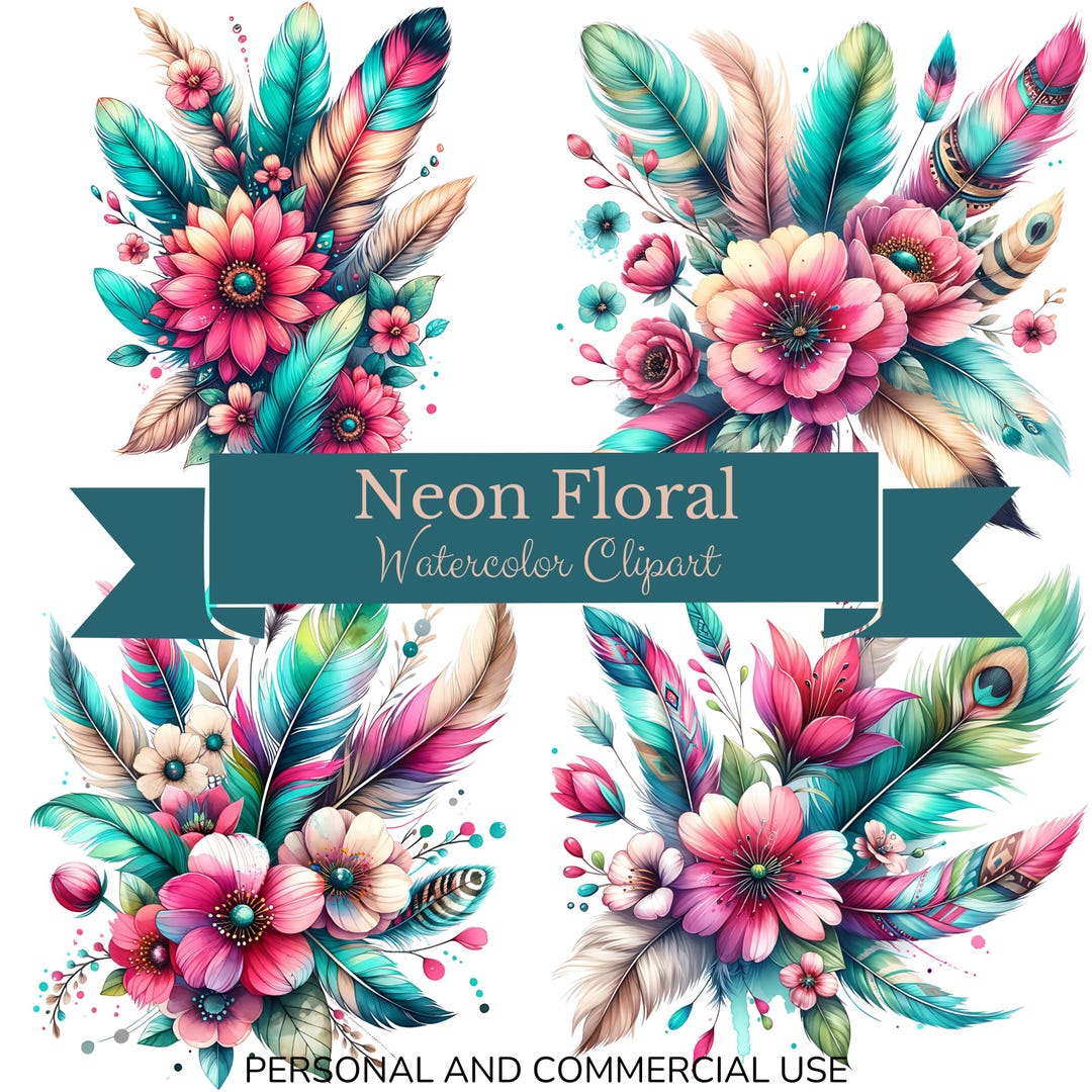 Boho Floral Clipart: Spring Feathers, Neon Pink & Teal (PNG Digital ...