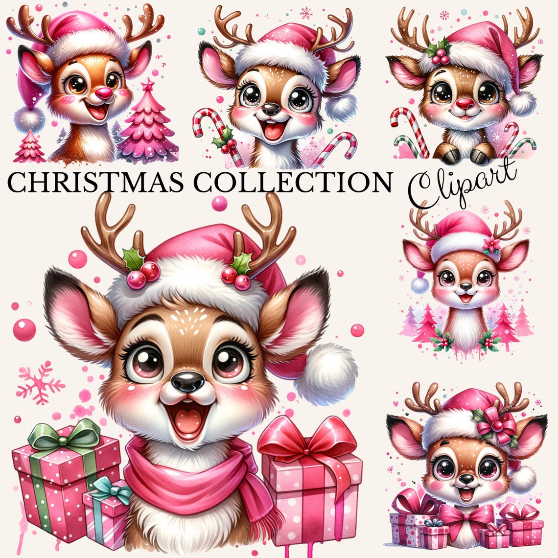 Cute Christmas Deer Clipart Instant Download Watercolor Quirky Reindeer ...