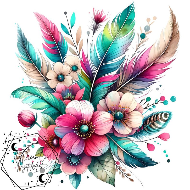 Boho Floral Clipart: Spring Feathers, Neon Pink & Teal (PNG Digital ...