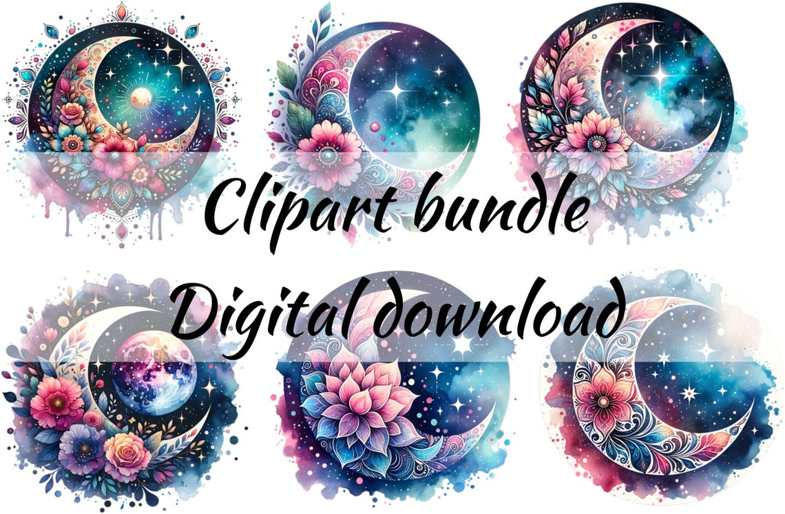 Floral Moon Clipart: Watercolor Crescent Moon Sublimation (digital ...
