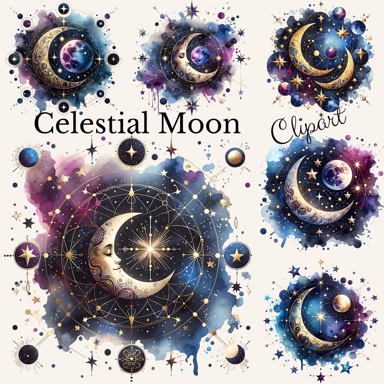 Watercolor Celestial Moon Clipart: Gothic Stars PNG (digital Download ...