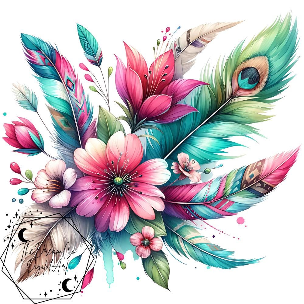 Boho Floral Clipart: Spring Feathers, Neon Pink & Teal (PNG Digital ...