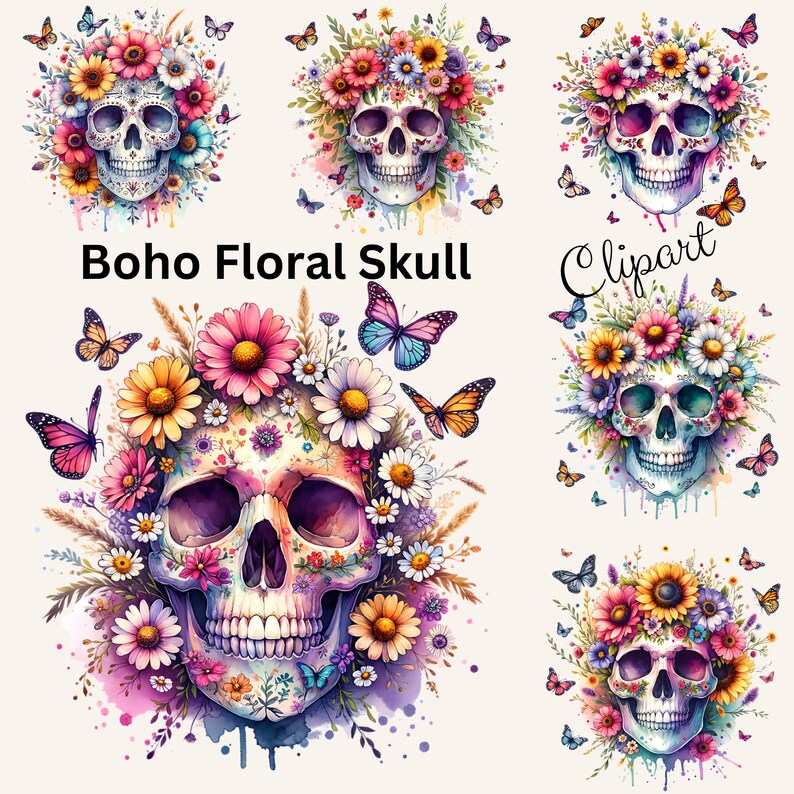 Floral Skull Clipart With Butterflies Boho Floral Skull Clipart Skull ...