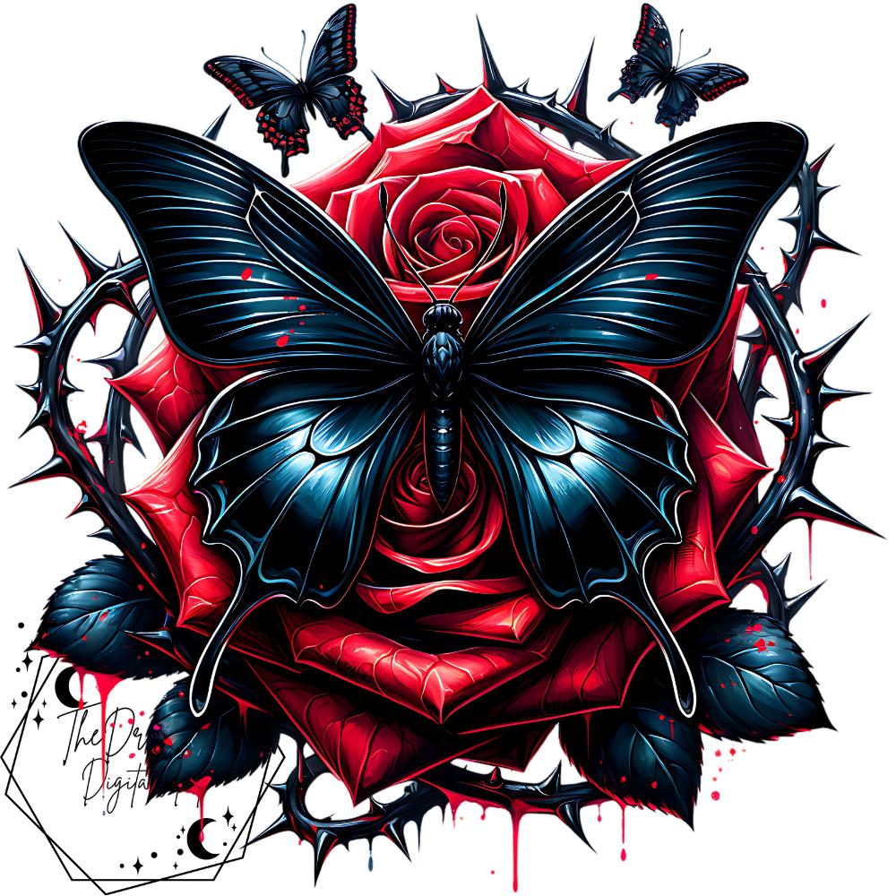Floral Gothic Png Dark Butterflies Png Trendy Shirt Png Red Rose Png ...