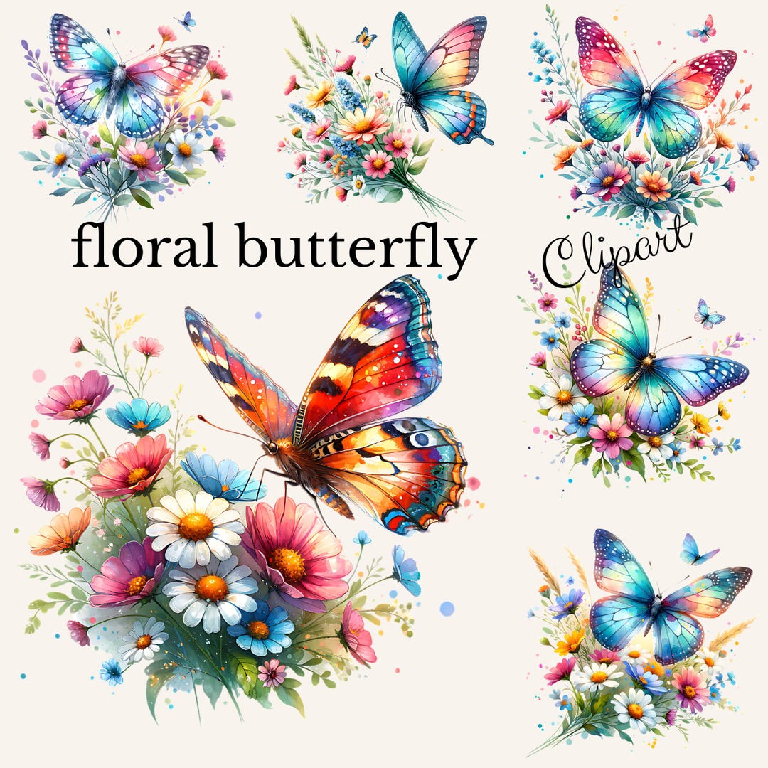 Watercolor Butterfly Clipart: Pastel Floral PNG Bundle (digital ...