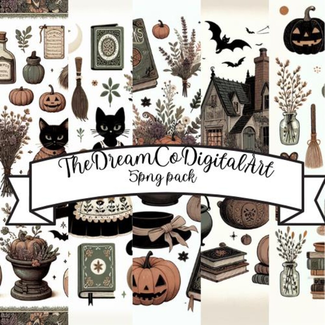 Spooky Cottage Core Halloween Clipart, Vintage Black Cats, Pumpkins ...
