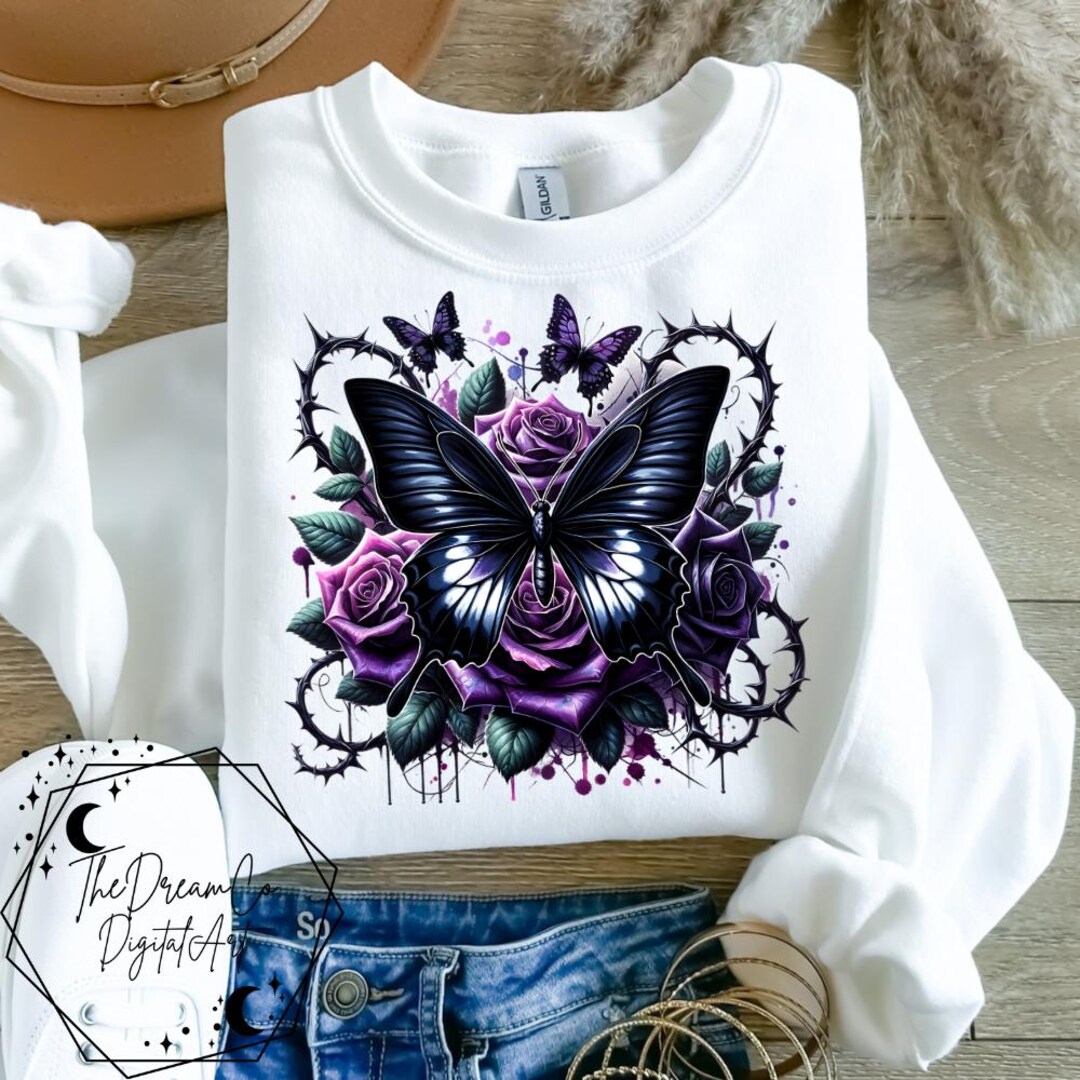 Floral Gothic Png Dark Butterflies Png Trendy Shirt Png Purple Rose Png ...