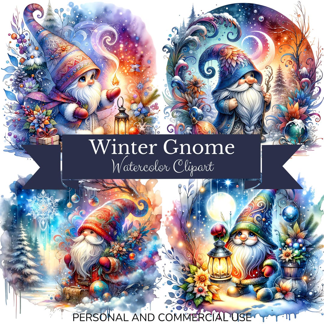Winter Gnome PNG Clipart Bundle: Festive Watercolor Designs (digital ...