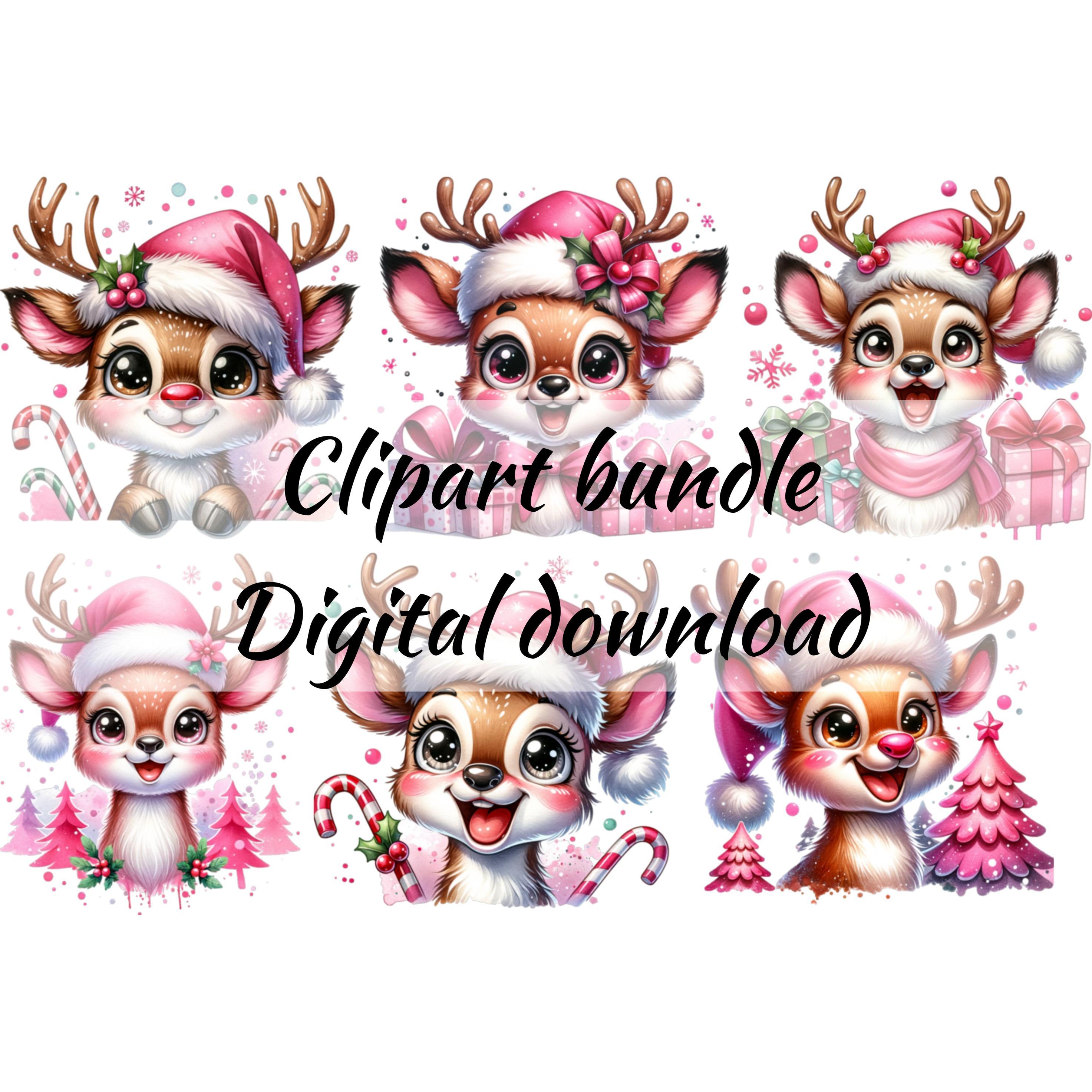 Cute Christmas Deer Clipart Instant Download Watercolor Quirky Reindeer ...