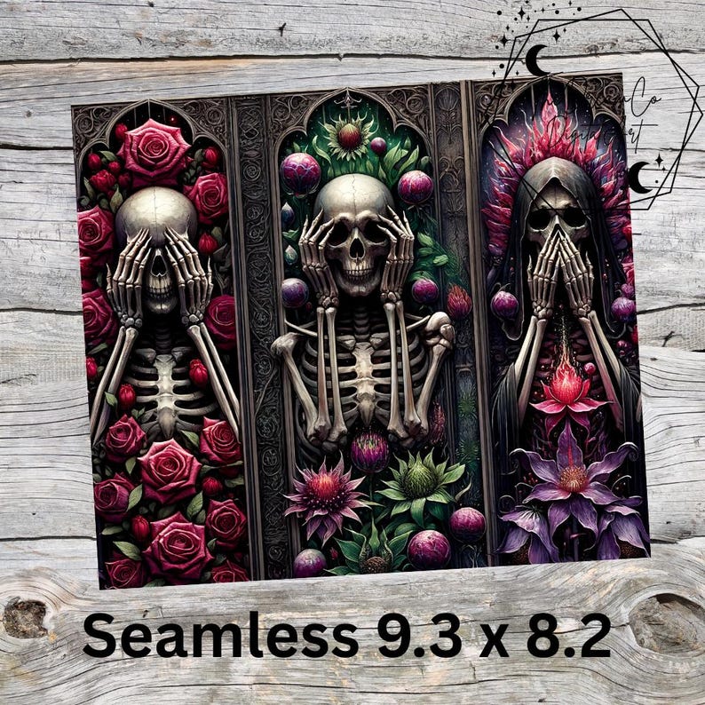 Gothic Skeleton Tumbler Wrap: Seamless Floral Design (PNG Digital ...