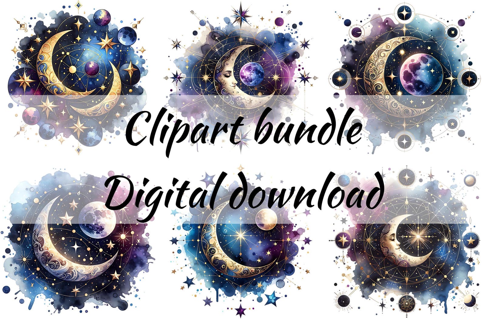 Watercolor Celestial Moon Clipart: Gothic Stars PNG (digital Download ...