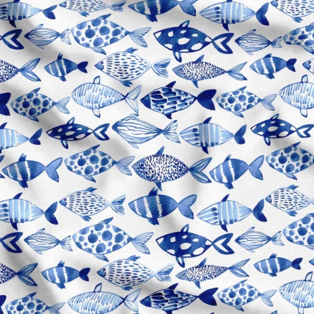 Fish Print Watercolor Fabric by the Yard Coastal Home Decor decorative ...