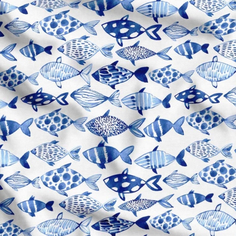 Fish Print Watercolor Fabric by the Yard Coastal Home Decor decorative ...