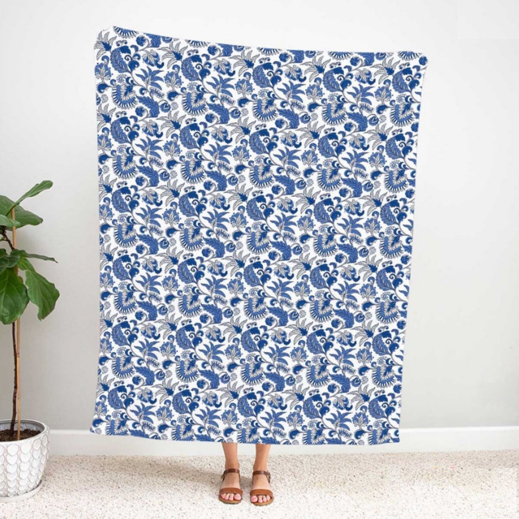 Monochromatic Blue Paisley Fabric, Floral Pattern Upholstery Fabric - Etsy