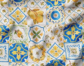 Black Olive and Lemon Fabric, Watercolor Ornament Blue Yellow Tile ...
