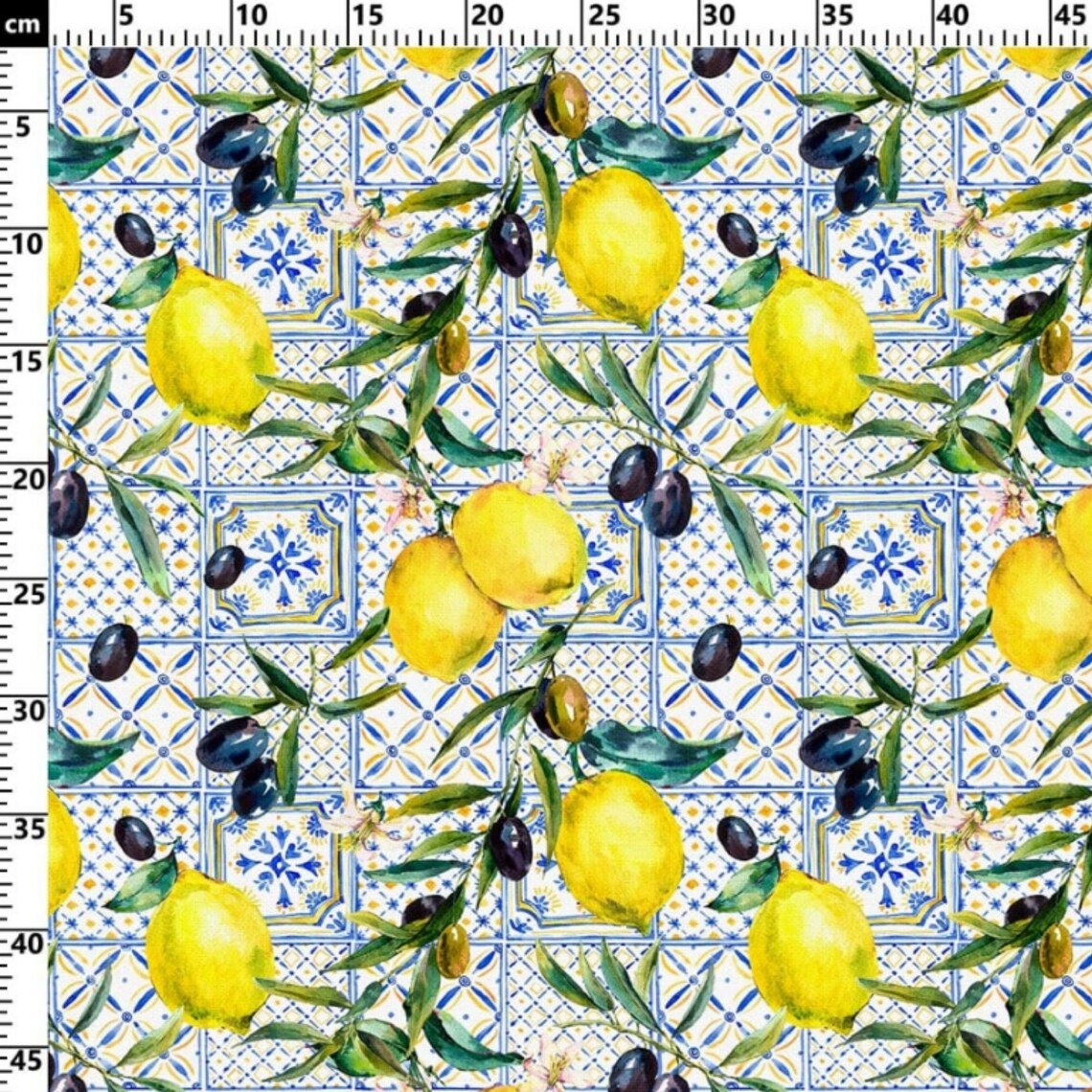 Black Olive and Lemon Fabric, Watercolor Ornament Blue Yellow Tile ...