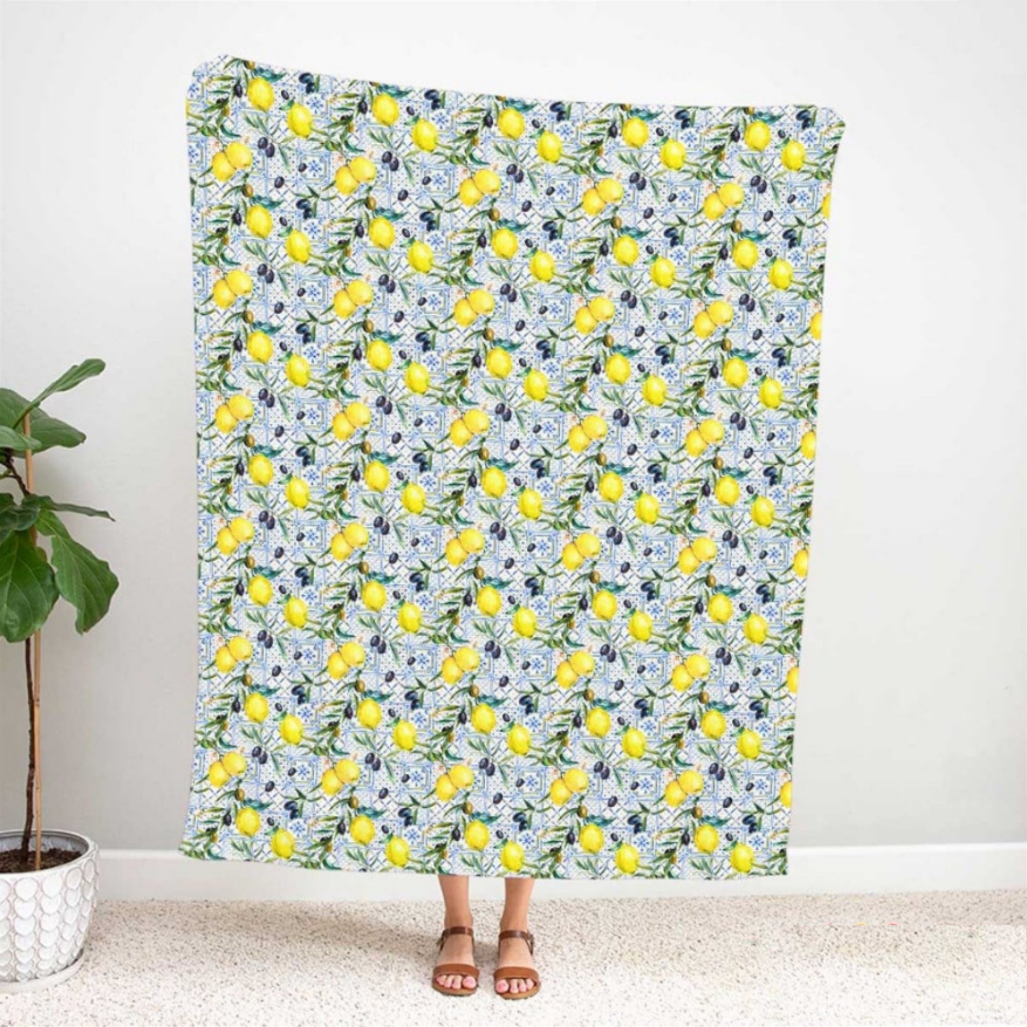 Black Olive and Lemon Fabric, Watercolor Ornament Blue Yellow Tile ...