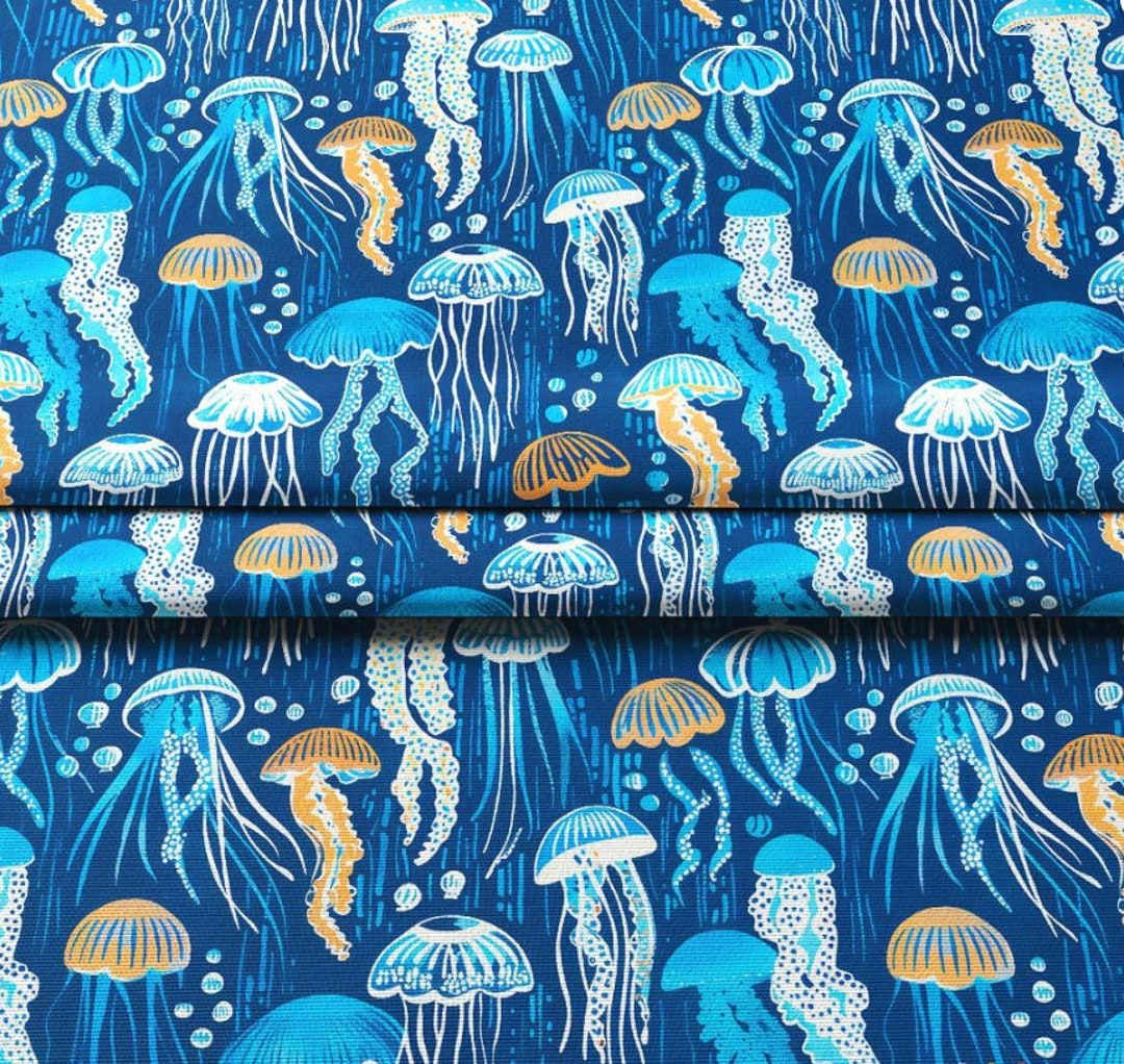 Blue Yellow Jellyfish Patterned Fabric, Polyester, Digitally Printed ...