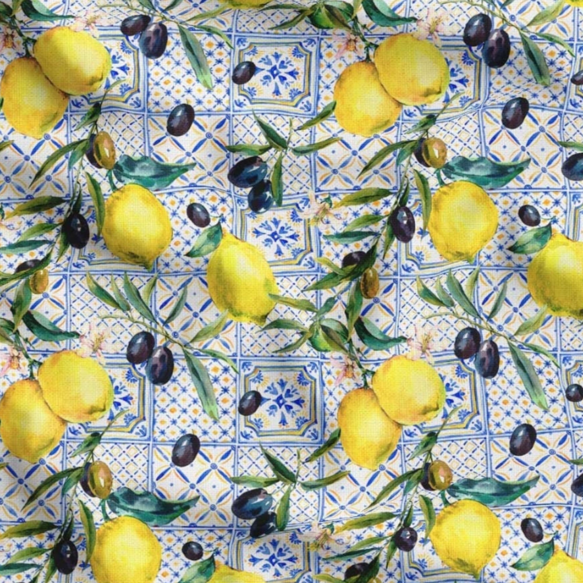 Black Olive and Lemon Fabric, Watercolor Ornament Blue Yellow Tile ...