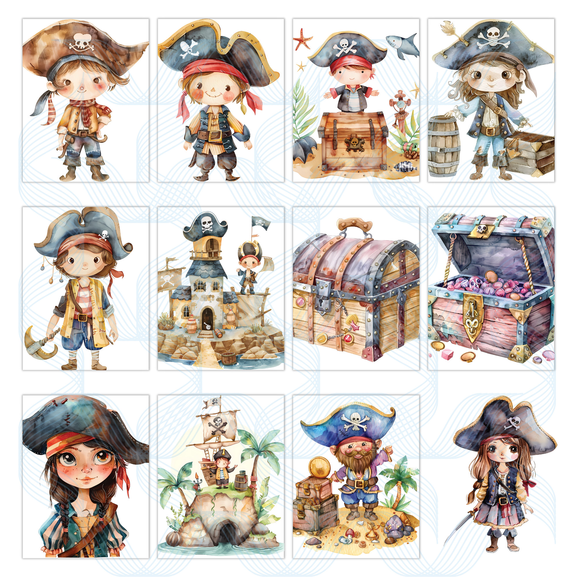 Cute Pirate Watercolor Clipart, Caribbean Clipart, Treasure Trove ...