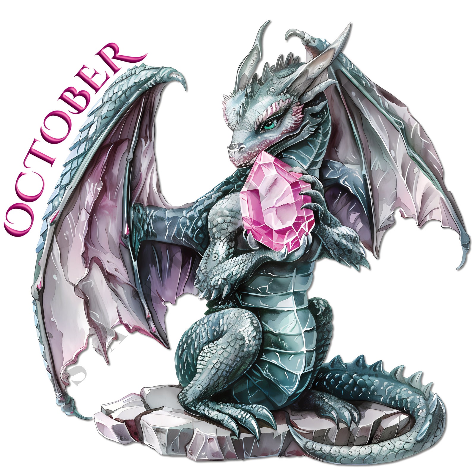 October Tourmaline Dragon Birthstone Clipart Watercolor Birthday ...