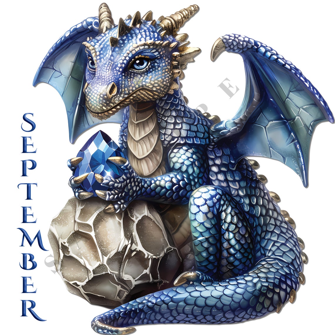 September Sapphire Dragon Birthstone Clipart Watercolor Birthday ...