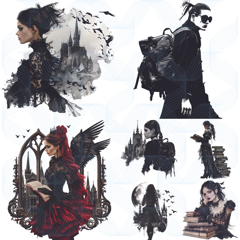 Watercolor Halloween Academia Clipart Bundle, Spooky Gothic PNG, Dark ...