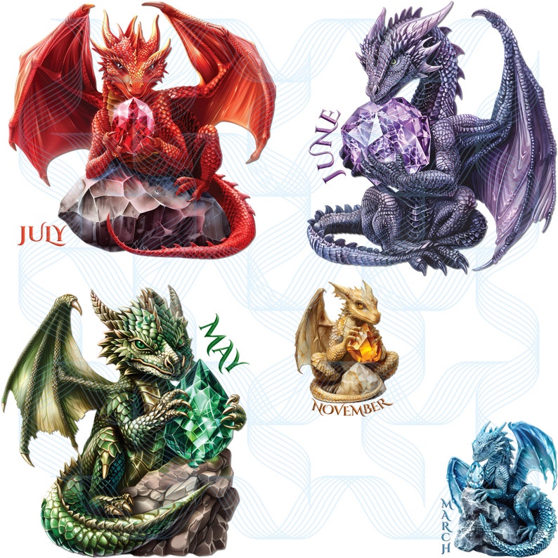 July Ruby Dragon Birthstone Clipart Watercolor Birthday Gemstones ...