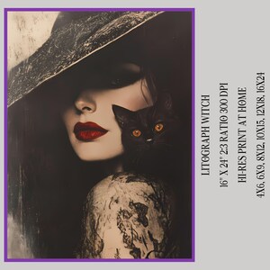 Witch Lithograph With Black Cat | Unique Wall Art With Red Lips | Pagan ...