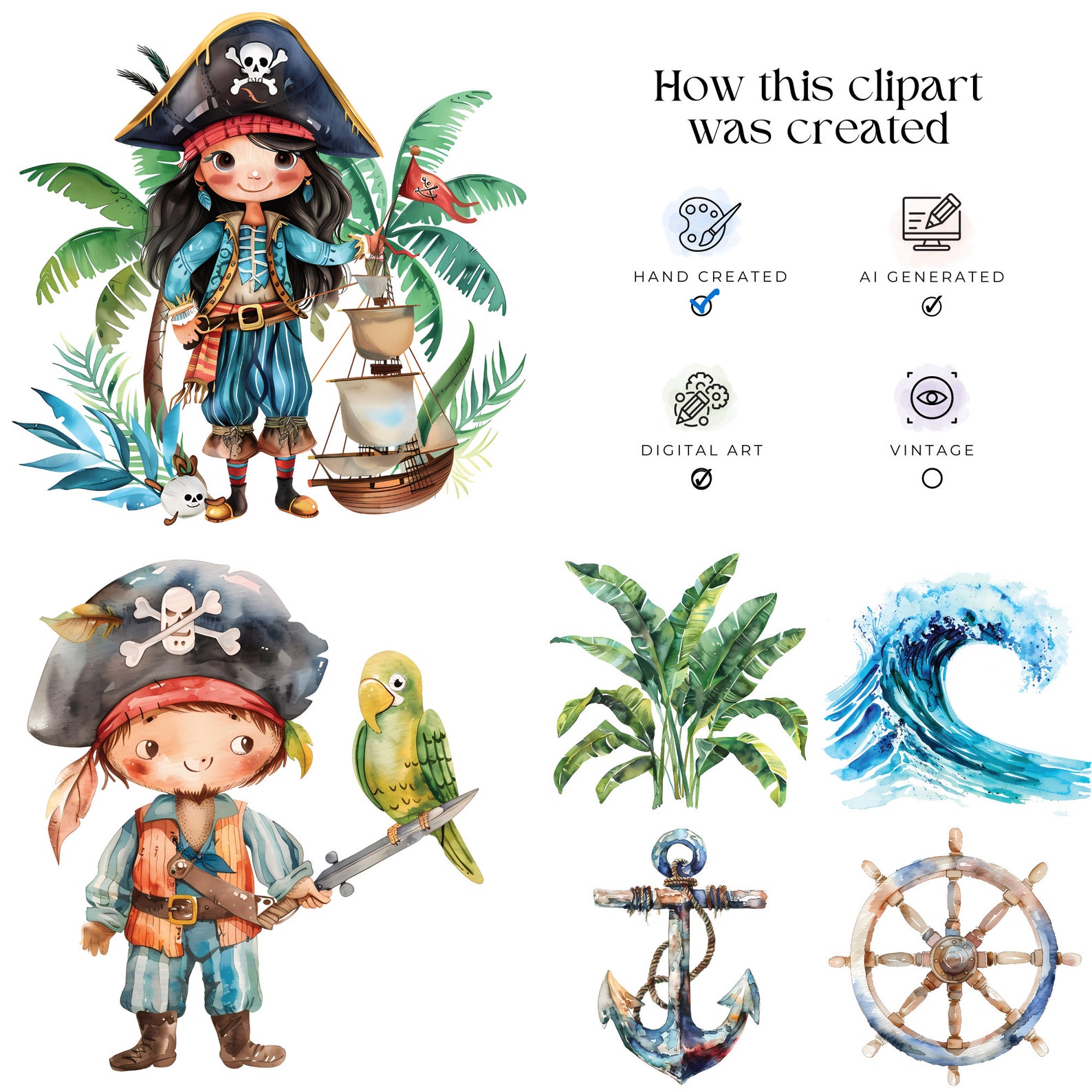Cute Pirate Watercolor Clipart, Caribbean Clipart, Treasure Trove ...