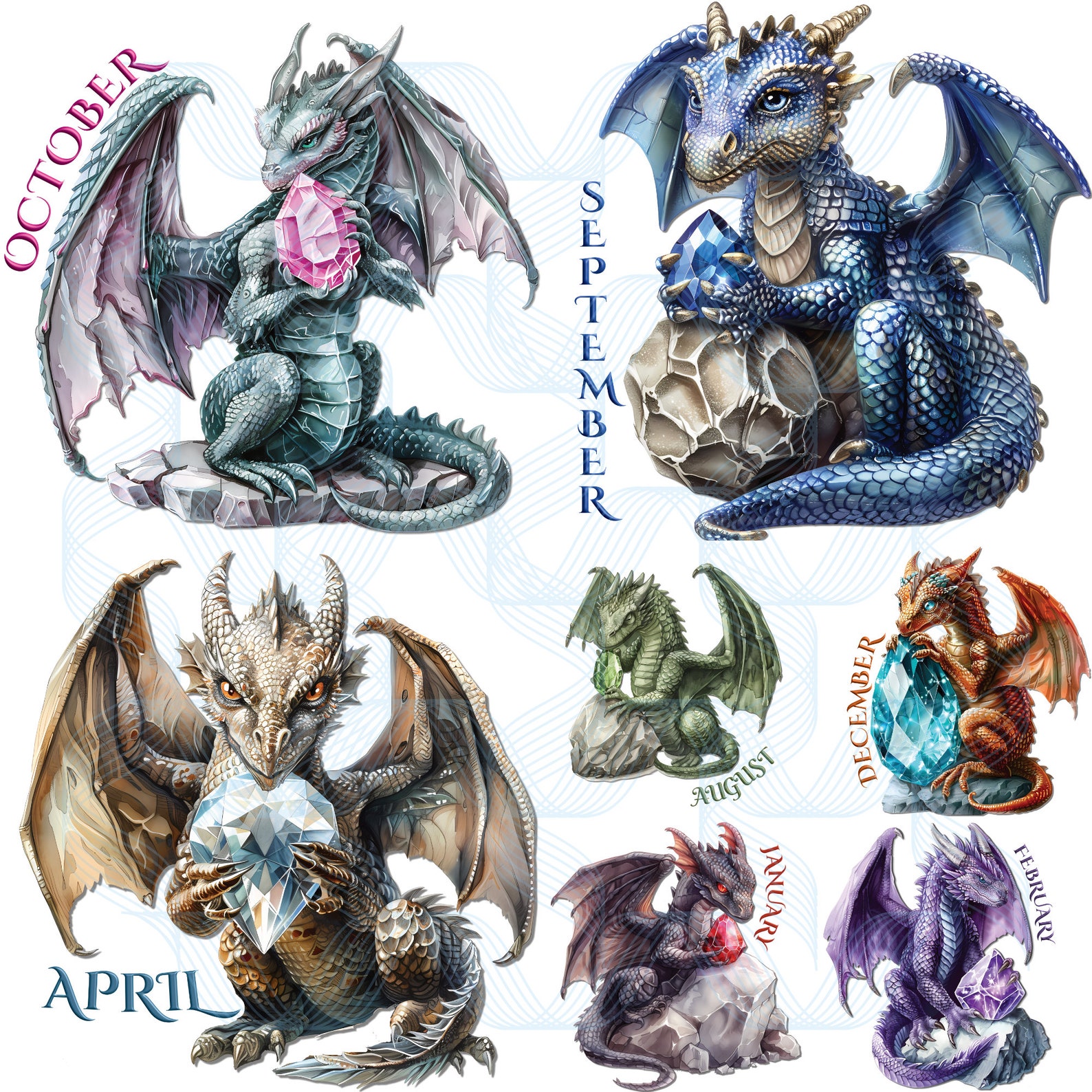January Dragon Birthstone Clipart Watercolor Birthday Gemstones ...