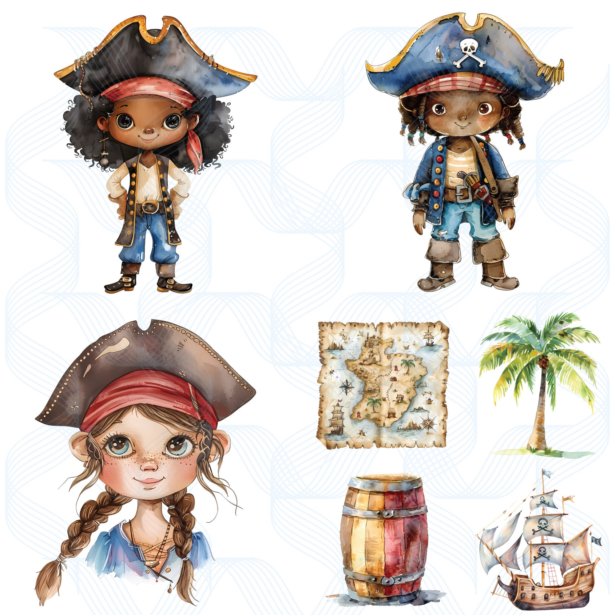 Cute Pirate Watercolor Clipart, Caribbean Clipart, Treasure Trove ...