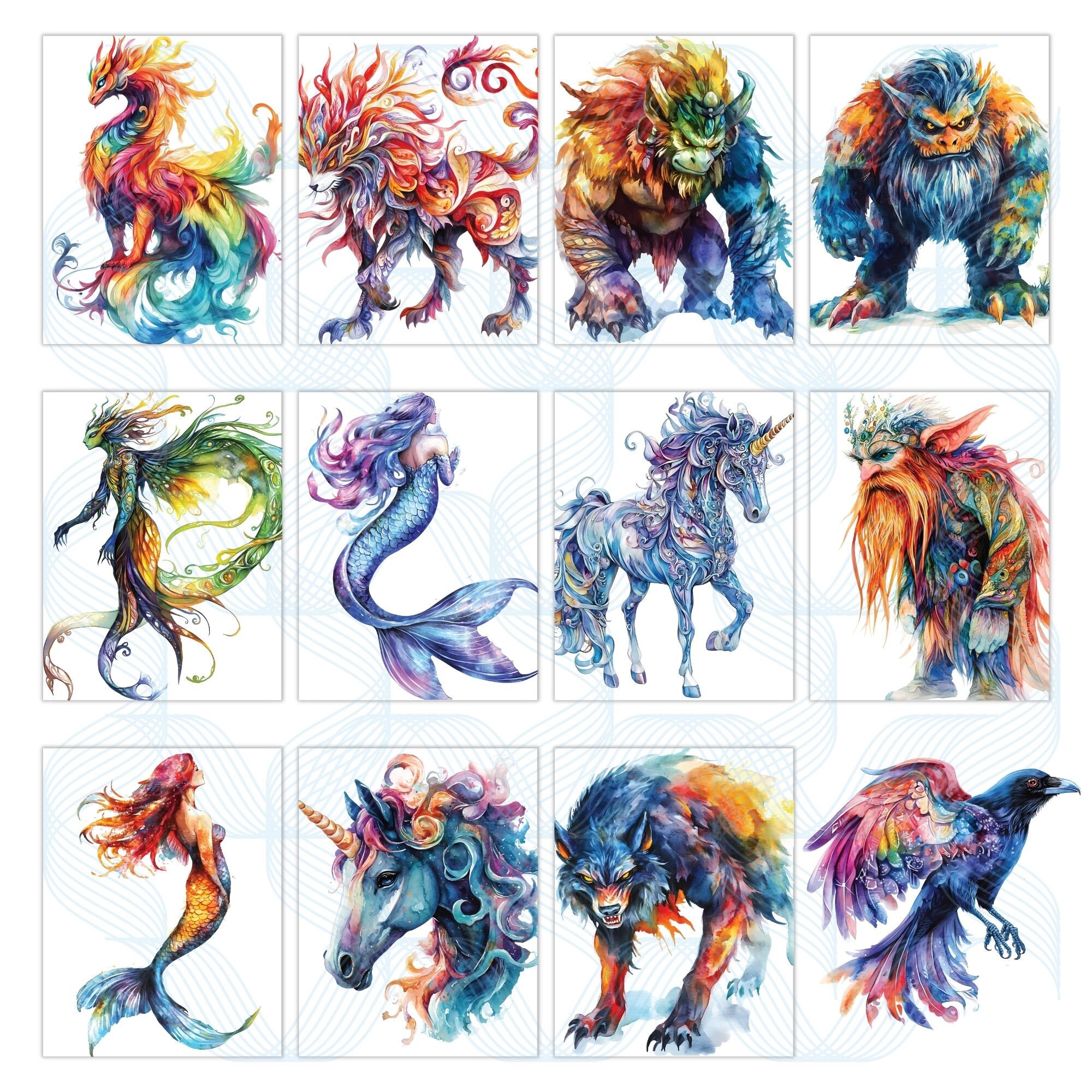 Mystical Creatures Watercolor Clipart, Mermaids, Unicorns, Mythical ...