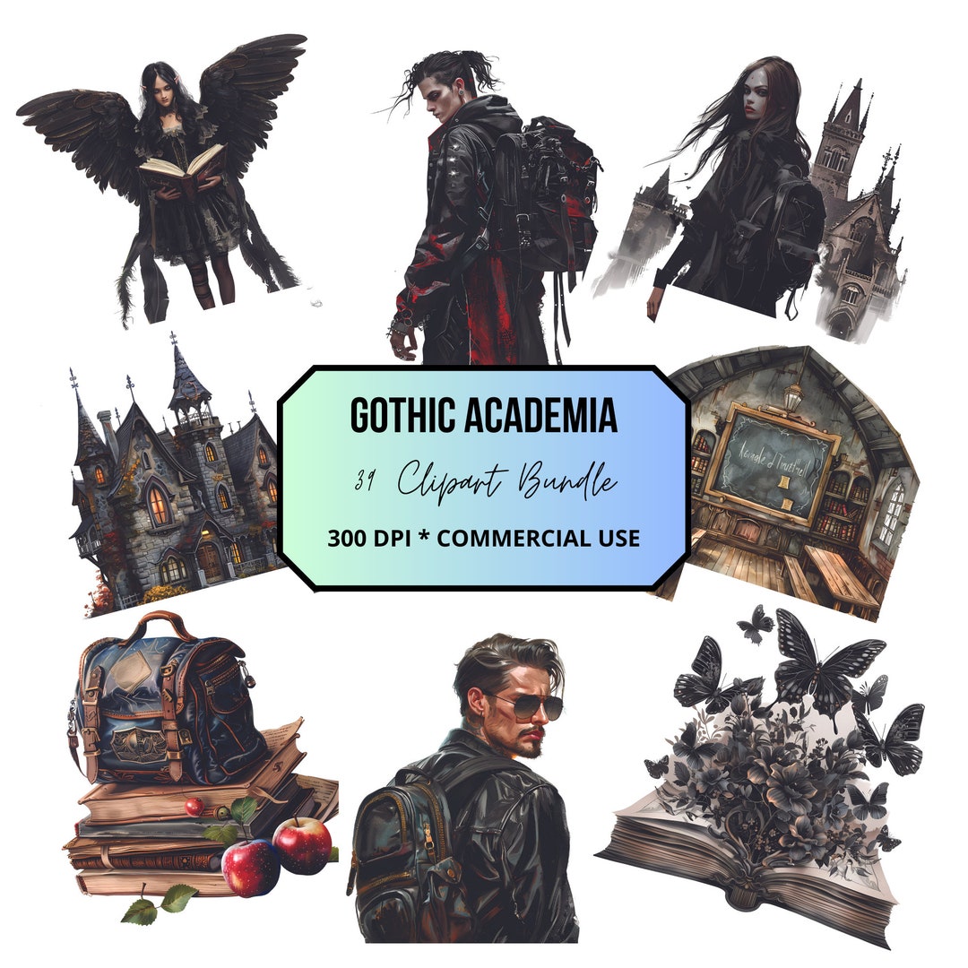 Watercolor Halloween Academia Clipart Bundle, Spooky Gothic PNG, Dark ...