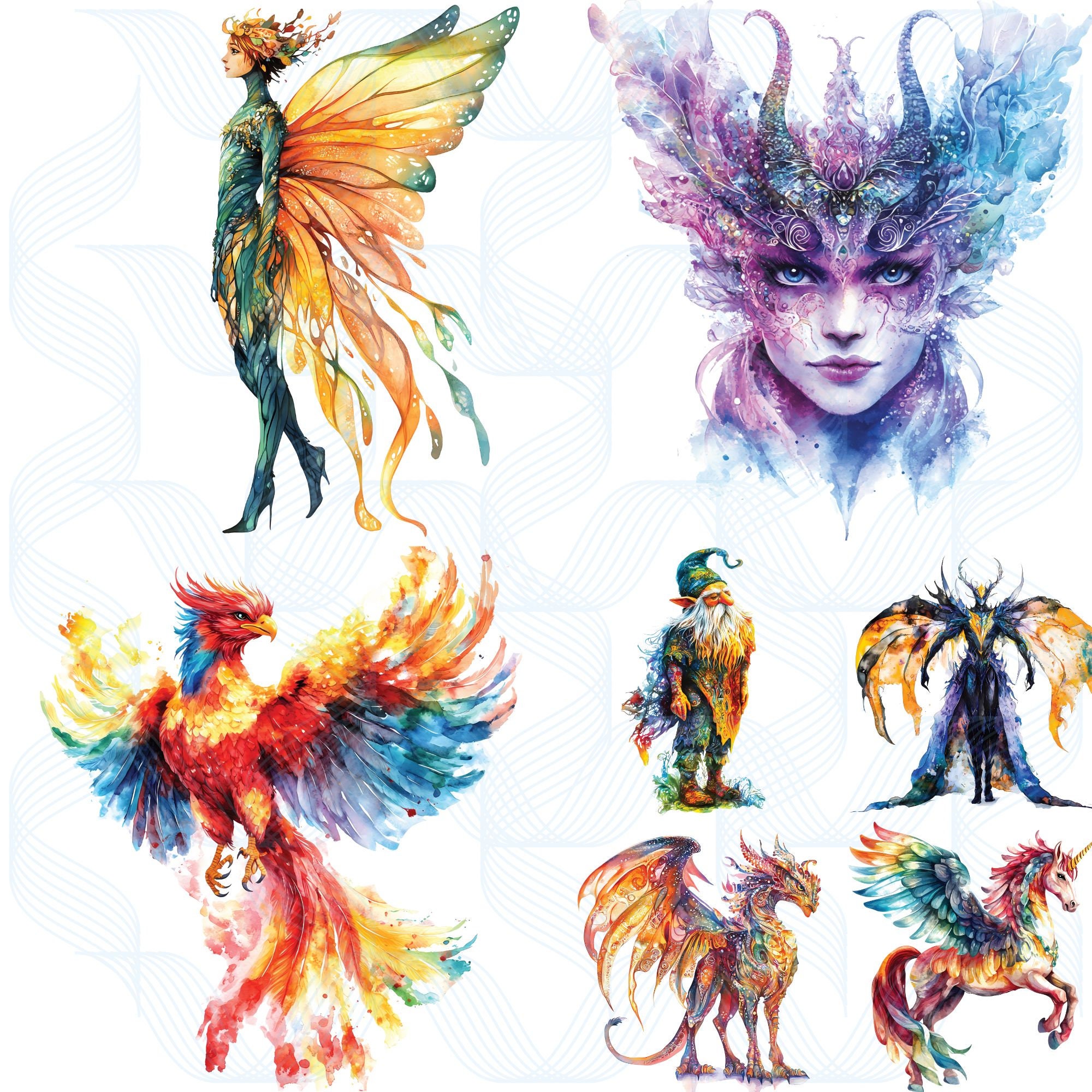 Mystical Creatures Watercolor Clipart, Mermaids, Unicorns, Mythical ...