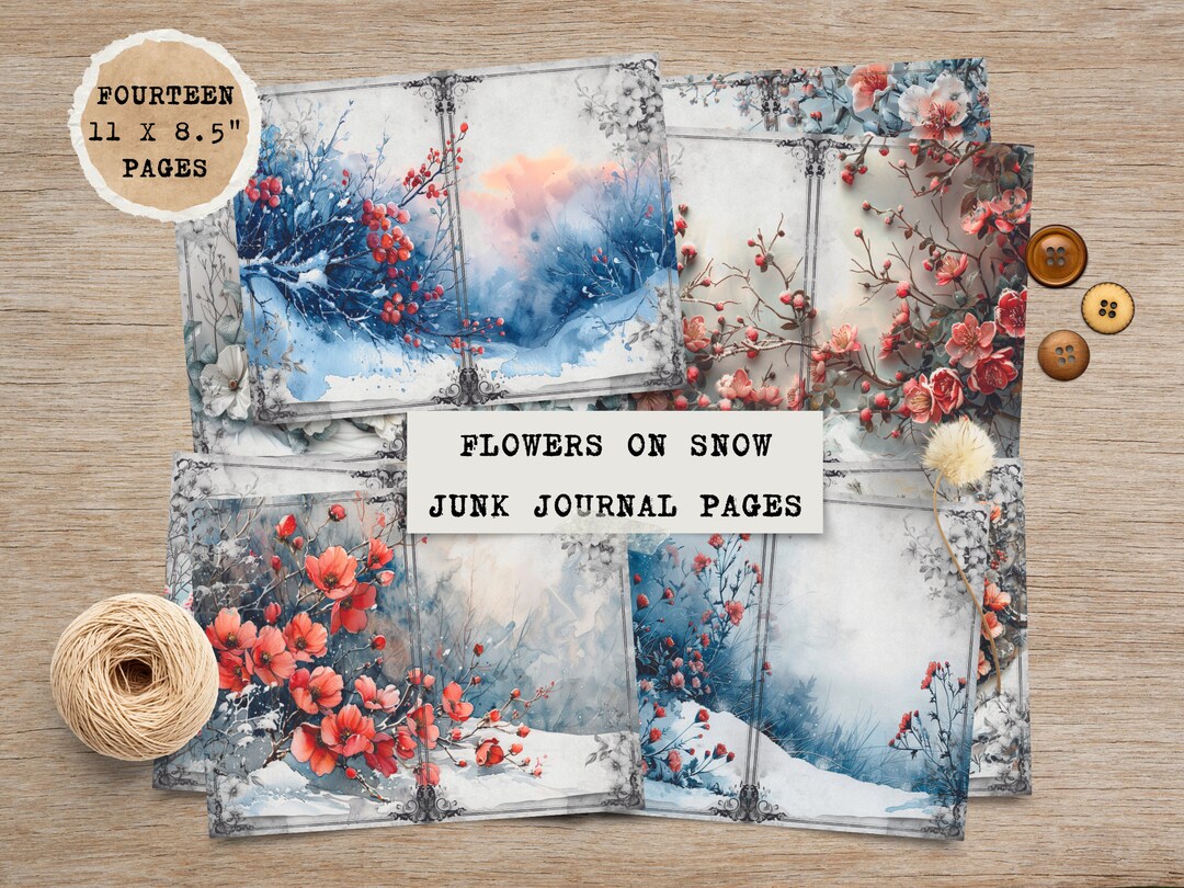 Winter Flowers Junk Journal Digital Paper, Bright Flowers in Snow, 8x11 ...
