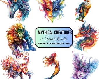 Mythical Creatures Watercolor Clipart Bundle,36 PNG Mythical Images ...