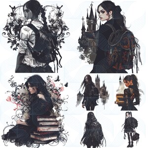 Watercolor Halloween Academia Clipart Bundle, Spooky Gothic PNG, Dark ...