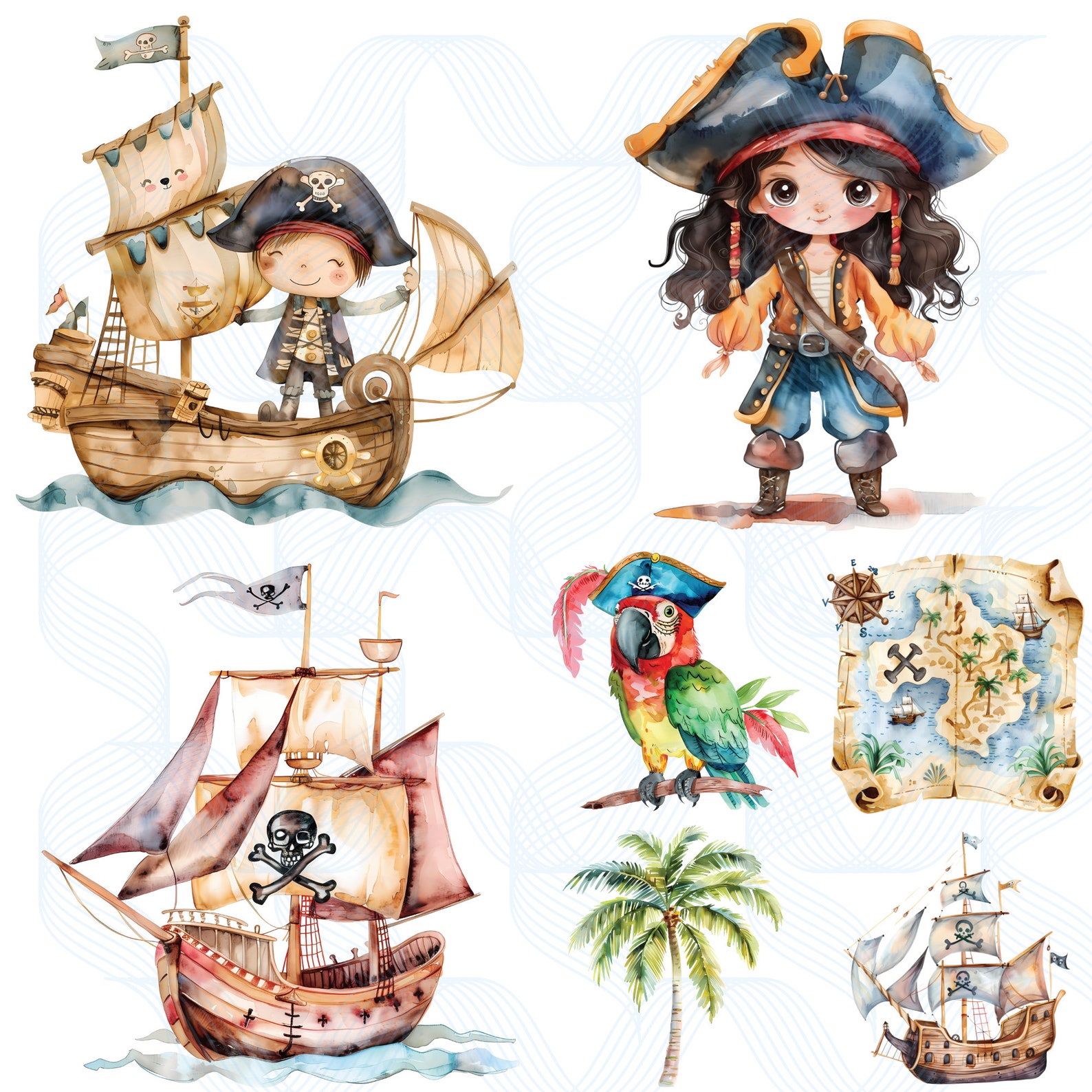 Cute Pirate Watercolor Clipart, Caribbean Clipart, Treasure Trove ...
